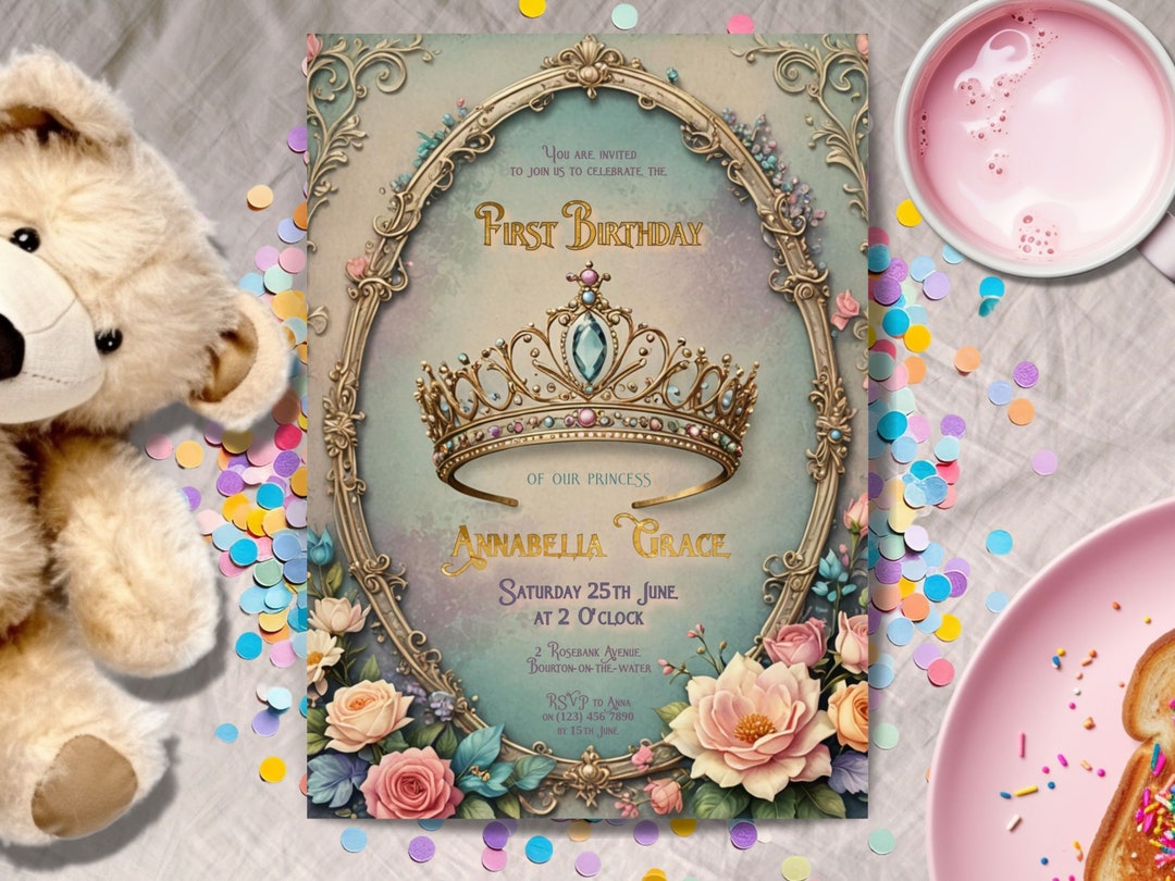 Girl First Birthday Invite, INSTANT DOWNLOAD, Princess 1st Invitation ...