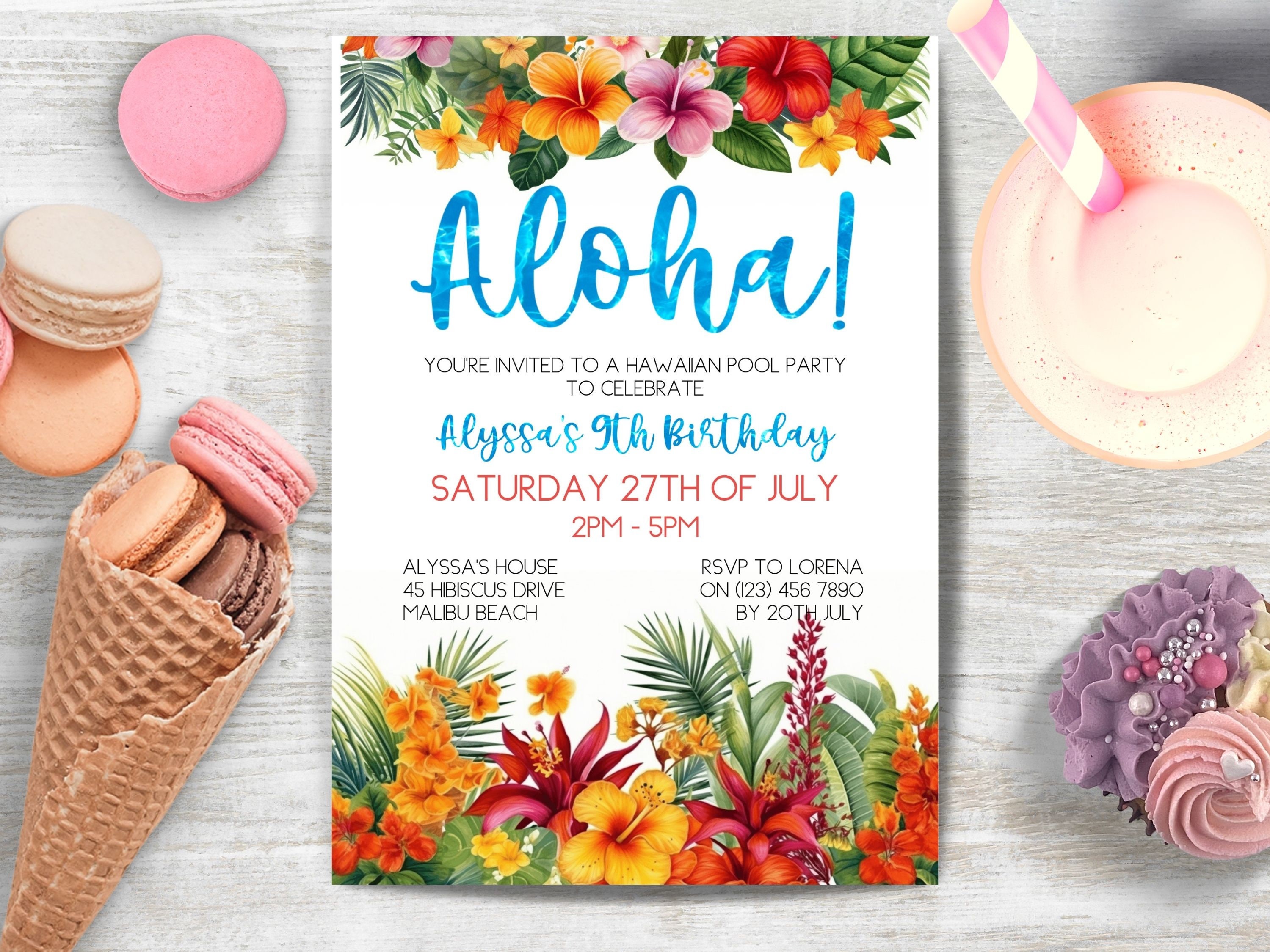 Hawaiian Luau Party Invitation, INSTANT DOWNLOAD, Pool Party, Luau Pool ...