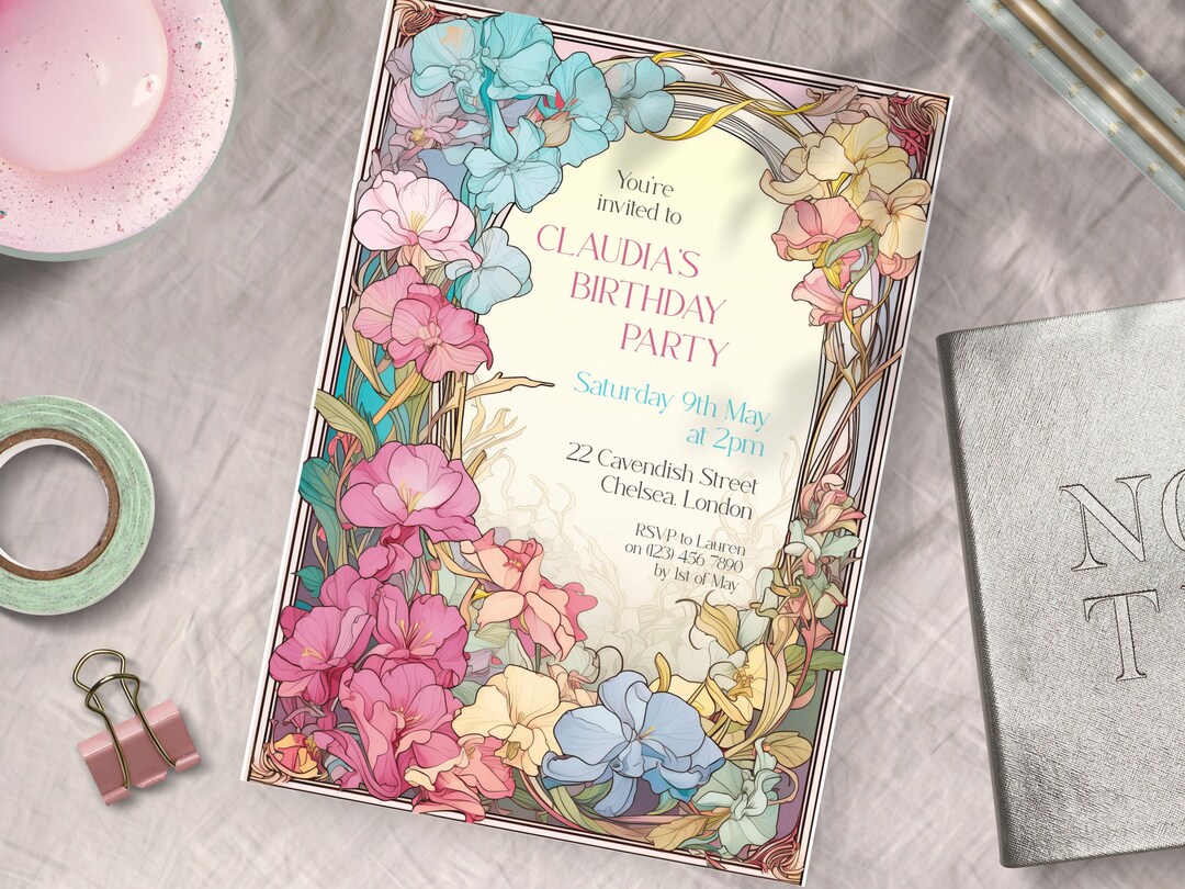 Vintage Floral Birthday Invitation, INSTANT DOWNLOAD, Botanical Invite ...