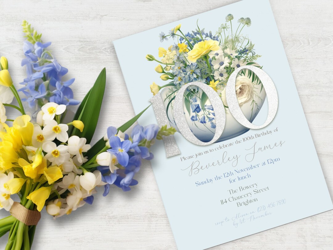 Ladies 100th Birthday Invitation, INSTANT DOWNLOAD, Floral Boho Invite ...
