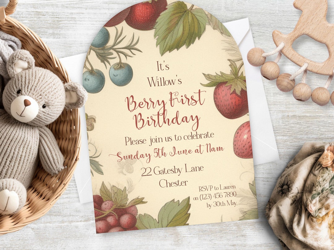 Berry First Birthday Invitation, INSTANT DOWNLOAD, Baby Girl 1st ...