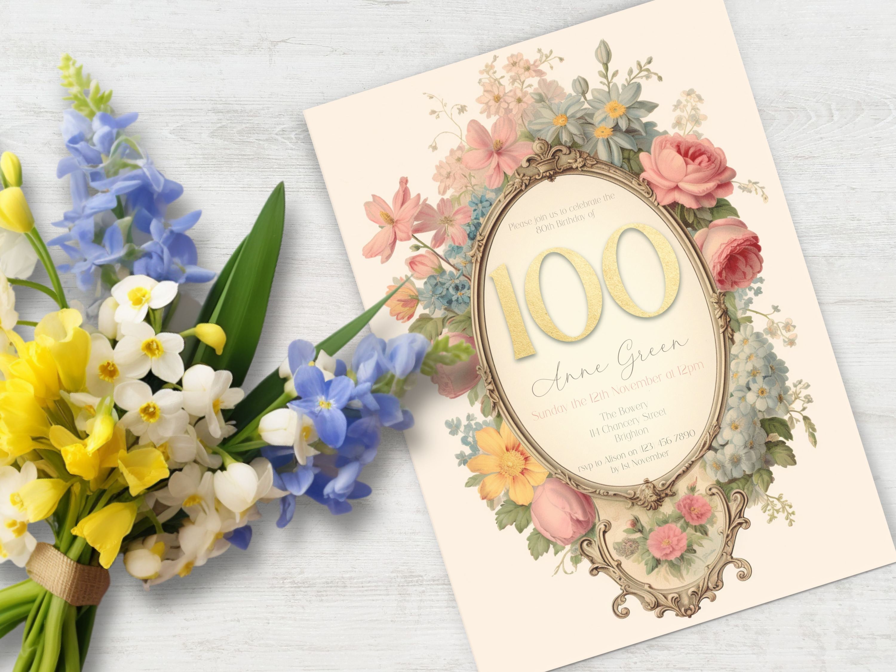 Ladies 100th Birthday Invitation, INSTANT DOWNLOAD, Floral Boho Invite ...