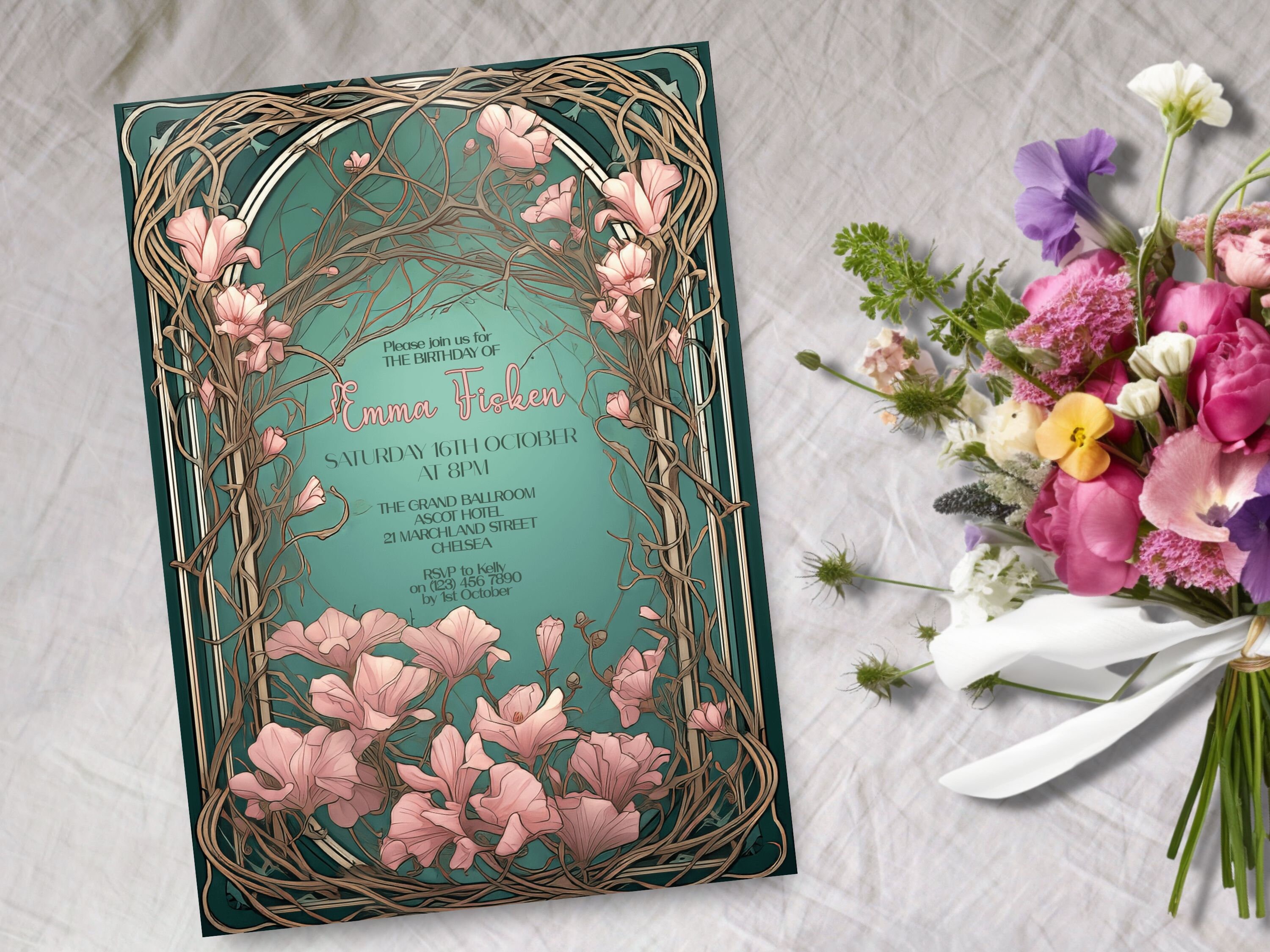 Art Nouveau Birthday Invitation, INSTANT DOWNLOAD, Art Deco Birthday ...