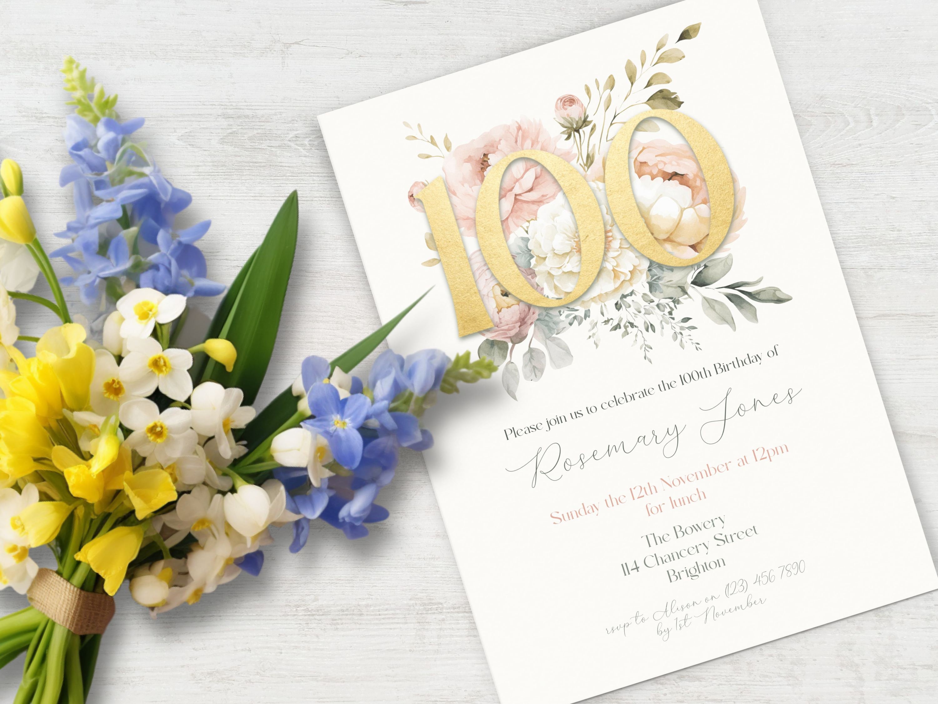 Ladies 100th Birthday Invitation, INSTANT DOWNLOAD, Floral Boho Invite ...