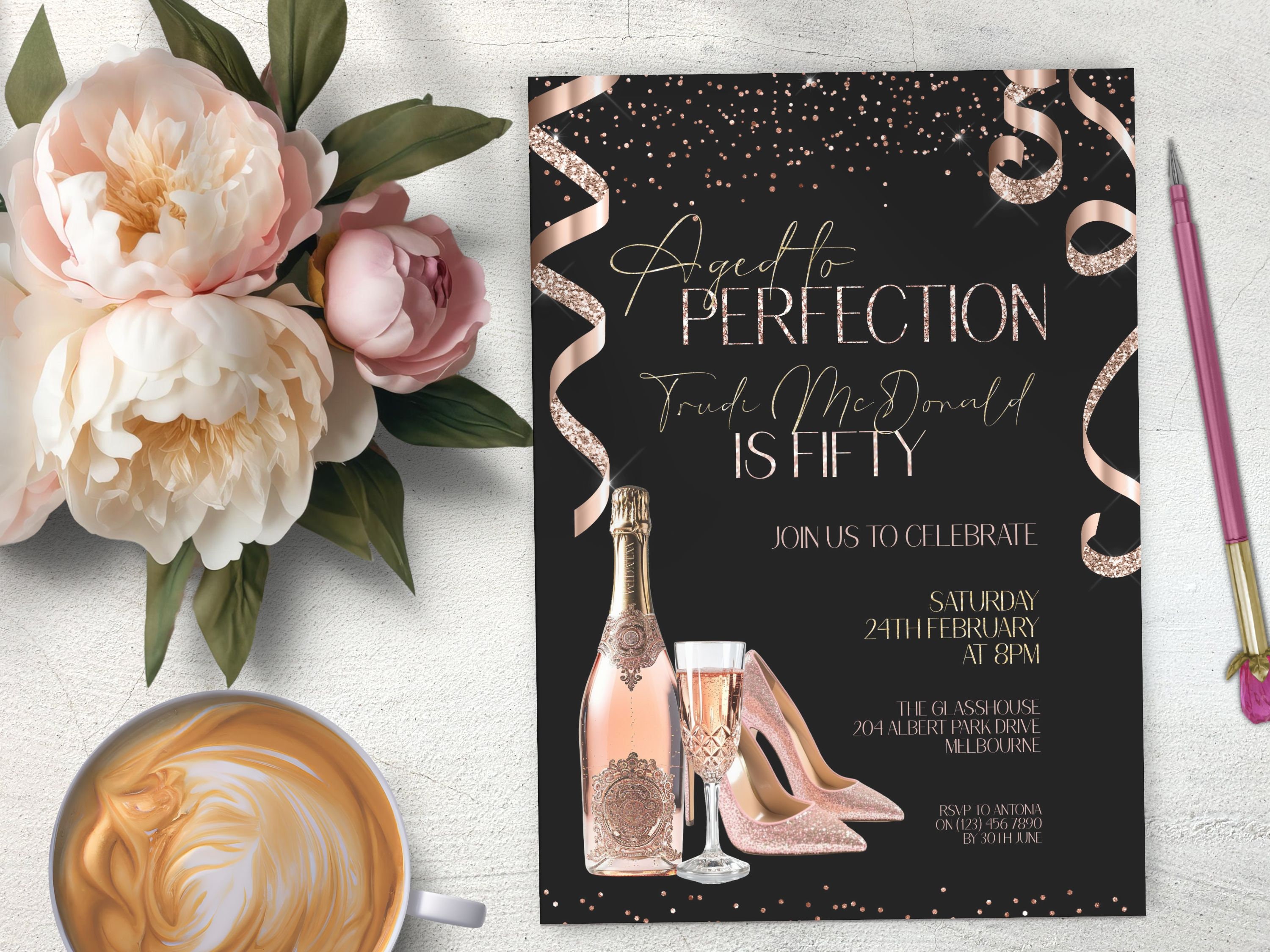 Editable Aged to Perfection Invitation, INSTANT DOWNLOAD, Champagne ...