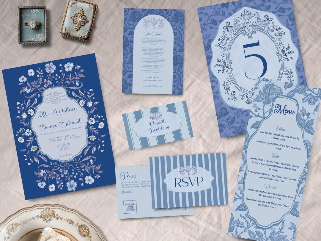 Blue Toile Wedding Invitation Bundle, INSTANT DOWNLOAD, Regency ...