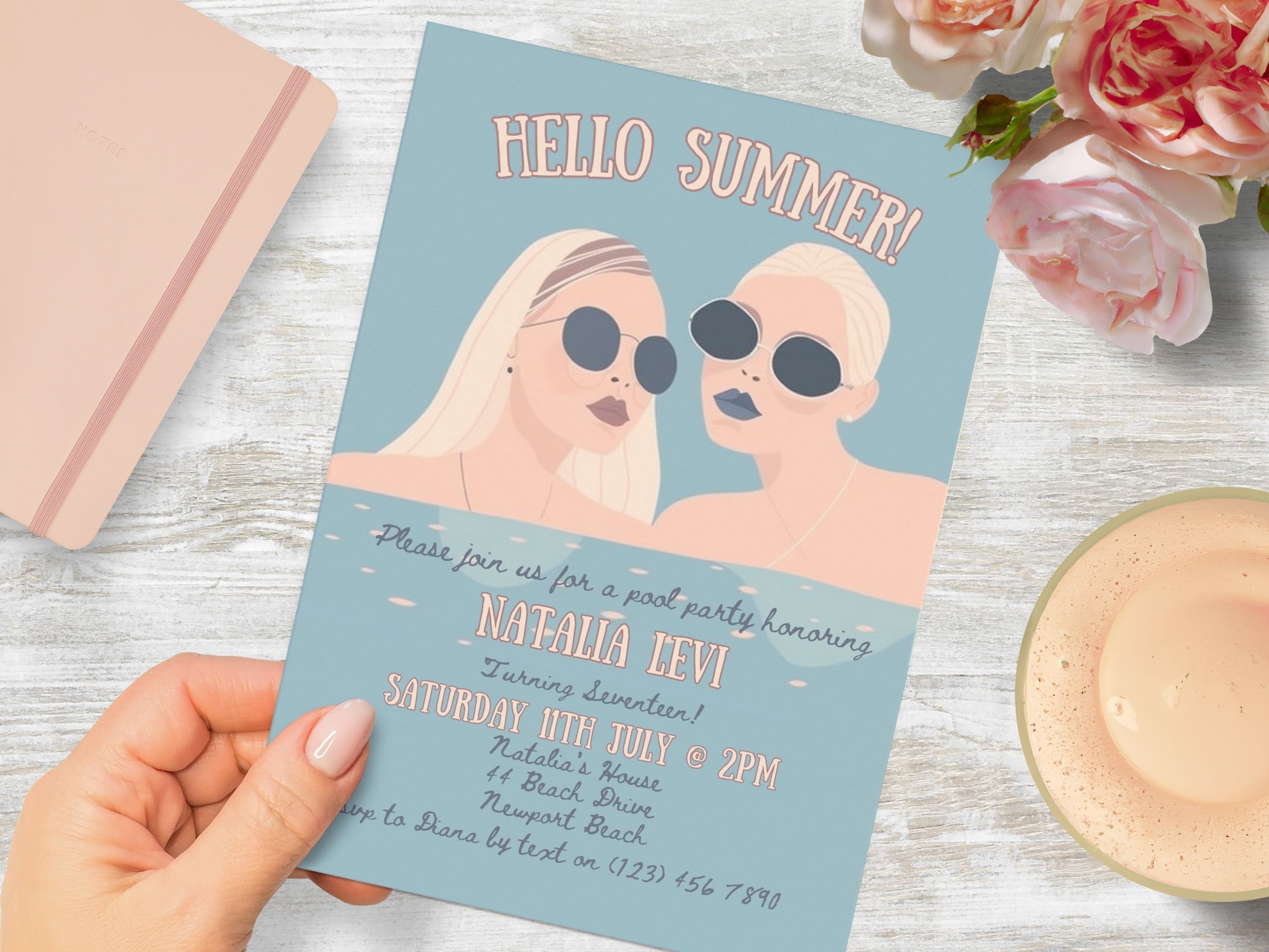 Pool Party Invite, INSTANT DOWNLOAD, Modern, Minimal, Girl's 17th ...