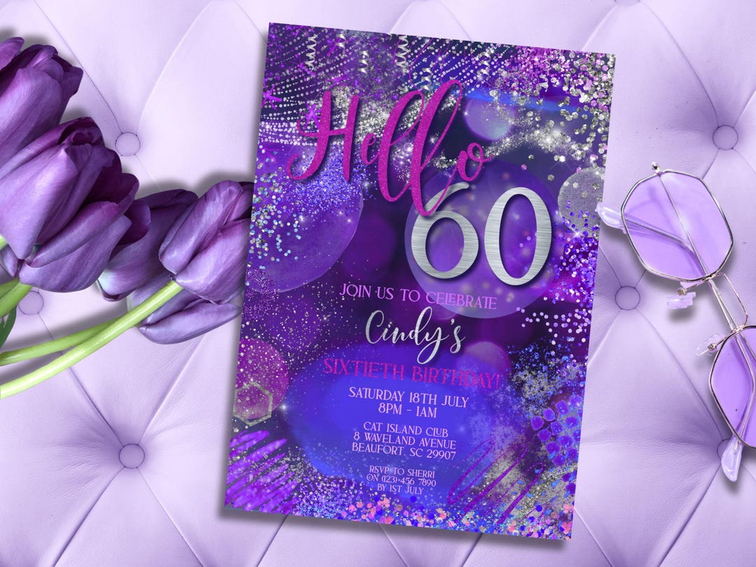 Hello Sixty Invitation, INSTANT DOWNLOAD, Purple and Silver Invite ...
