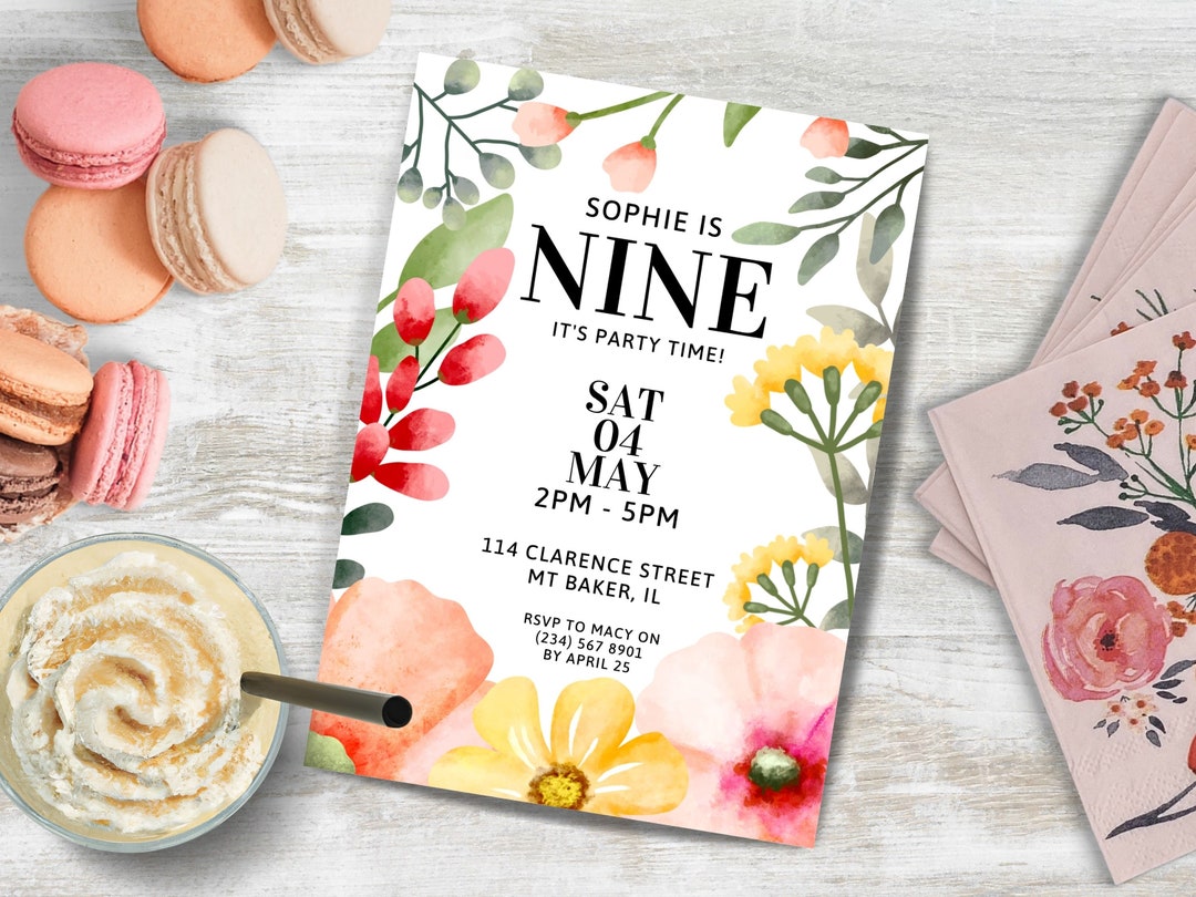 Nine Year Old Girl Invitation Floral Theme INSTANT DOWNLOAD 9th Party ...