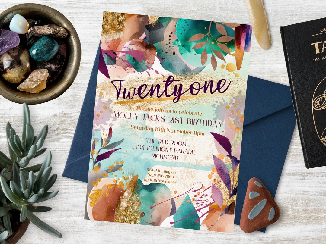 Abstract 21st Birthday Invite INSTANT DOWNLOAD Gold Rust Teal Green ...