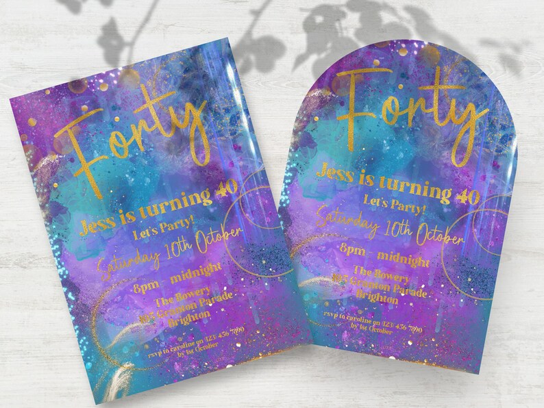 Purple & Teal Fortieth Birthday Invitation, INSTANT DOWNLOAD, Gold ...
