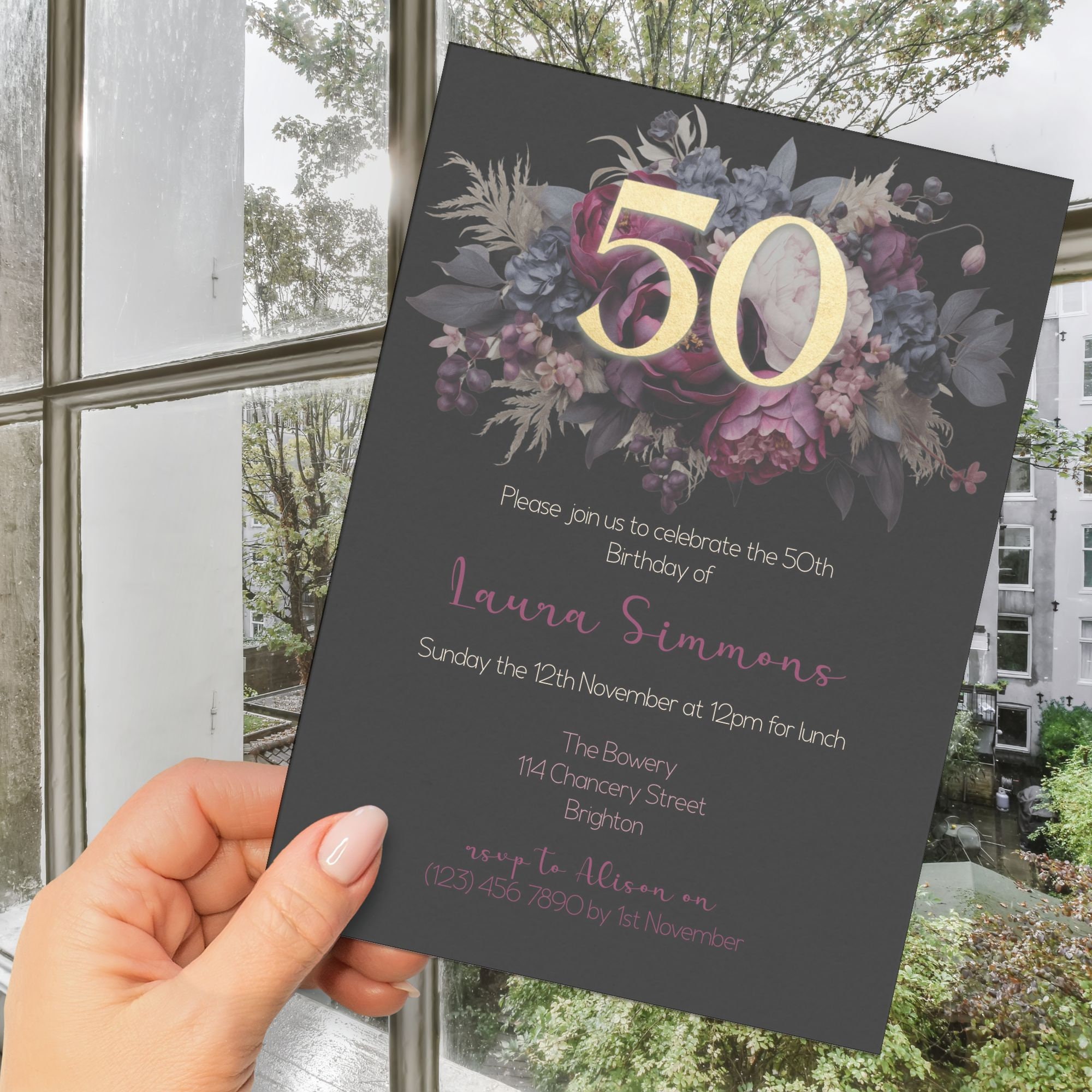 Ladies 50th Birthday Invitation, INSTANT DOWNLOAD, Moody Floral Invite ...