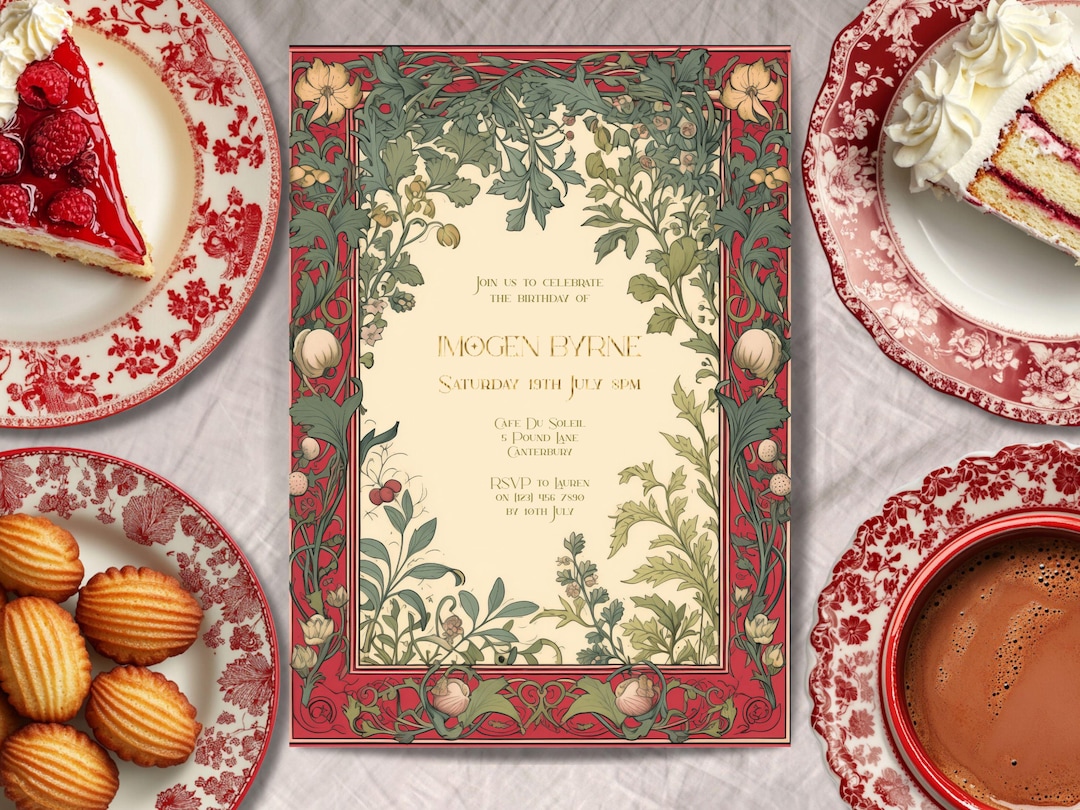 Art Nouveau Birthday Invitation, INSTANT DOWNLOAD, Red, Gold, Ladies ...