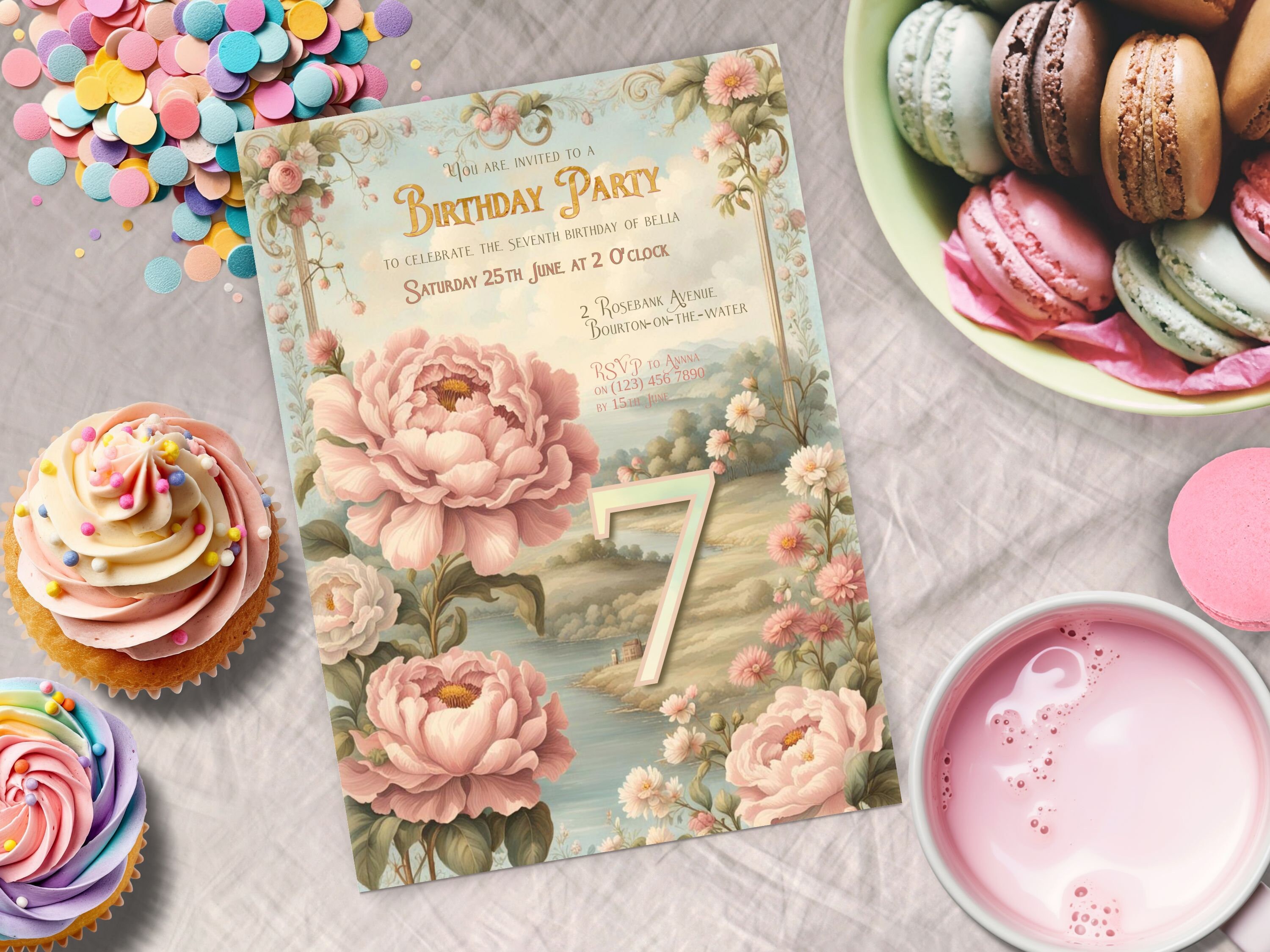 7th Birthday Party Invitation, INSTANT DOWNLOAD, Girl Turning Seven ...