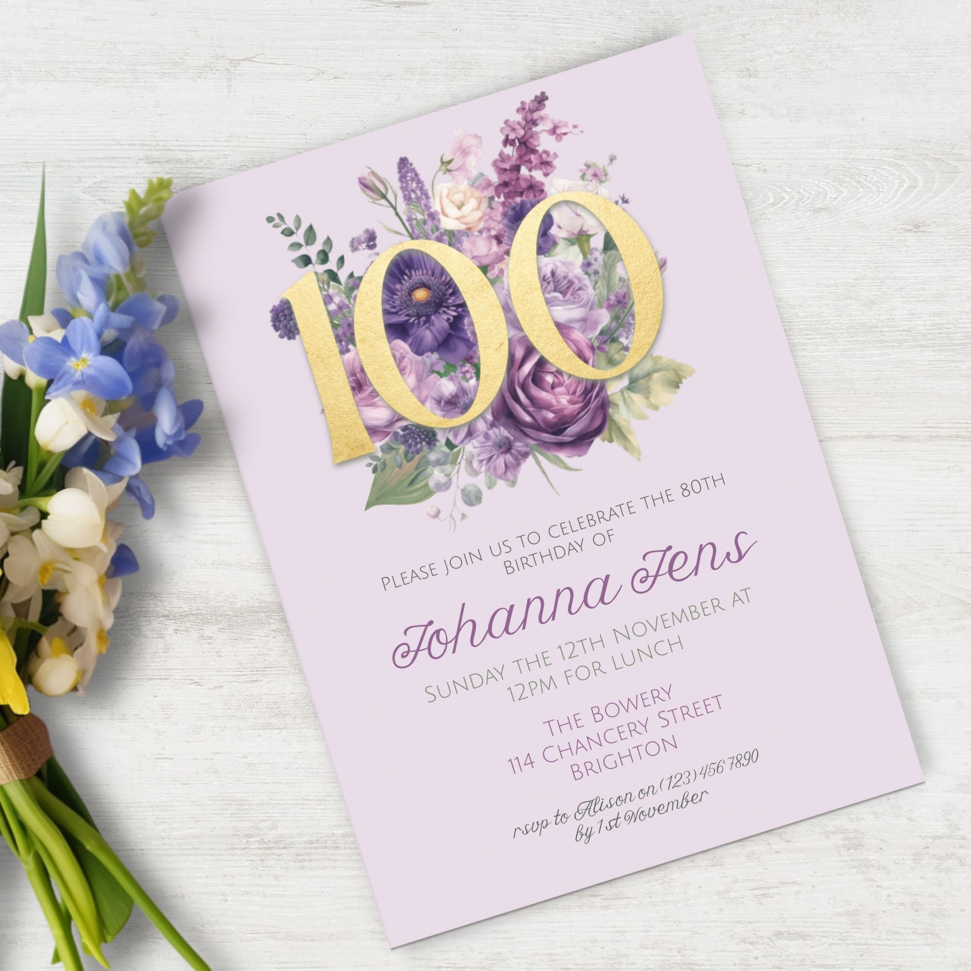 Ladies 100th Birthday Invitation, INSTANT DOWNLOAD, Floral Boho Invite ...