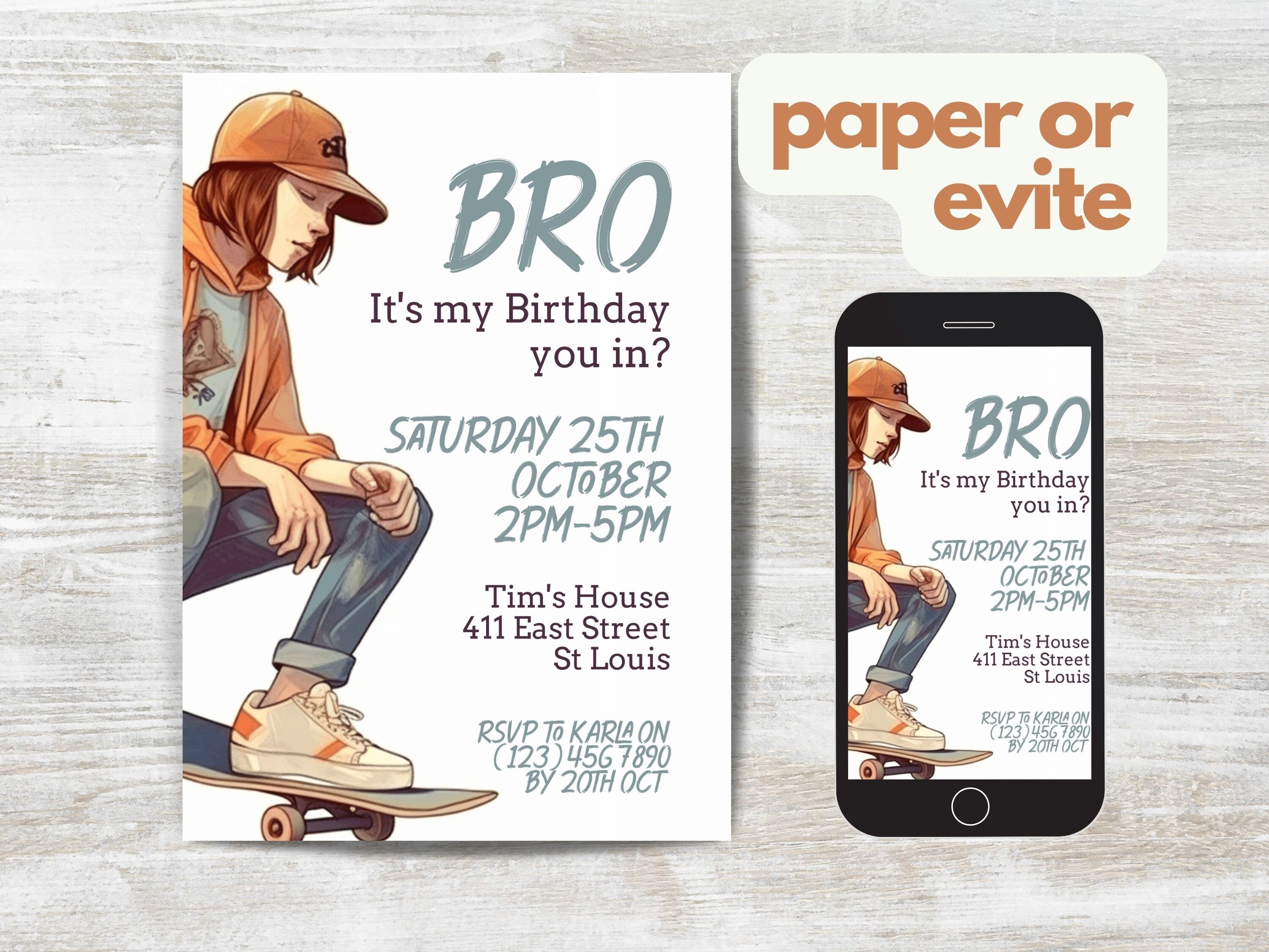 Bro Birthday Invite, INSTANT DOWNLOAD, Tween Boy Invite, Teen Boy ...