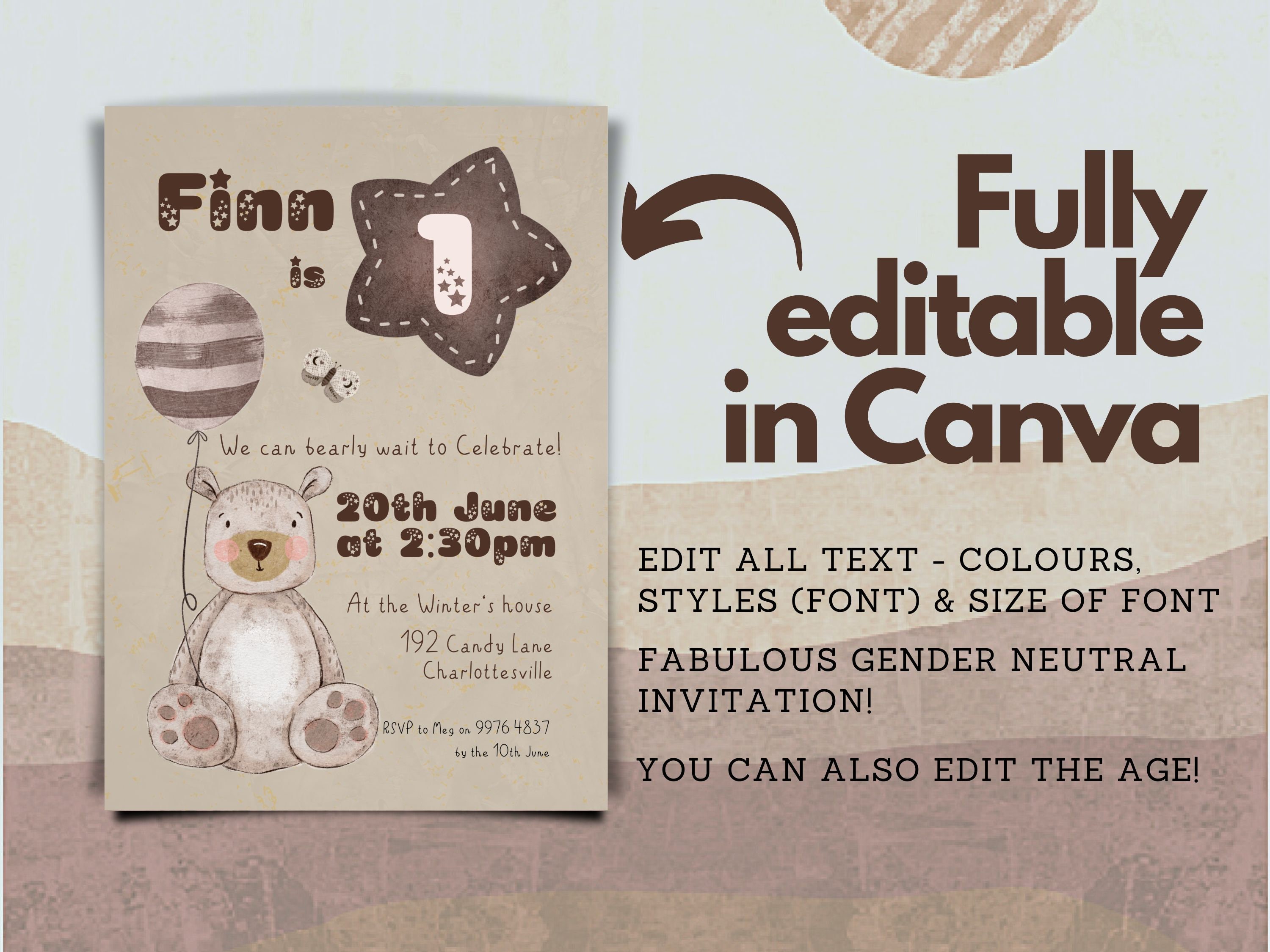 Tubby Bear Birthday Invitation INSTANT DOWNLOAD Fully Editable - Etsy