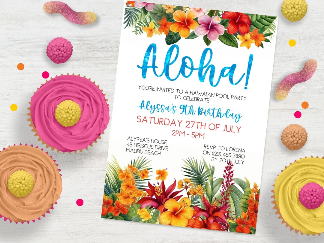 Hawaiian Luau Party Invitation, INSTANT DOWNLOAD, Pool Party, Luau Pool ...