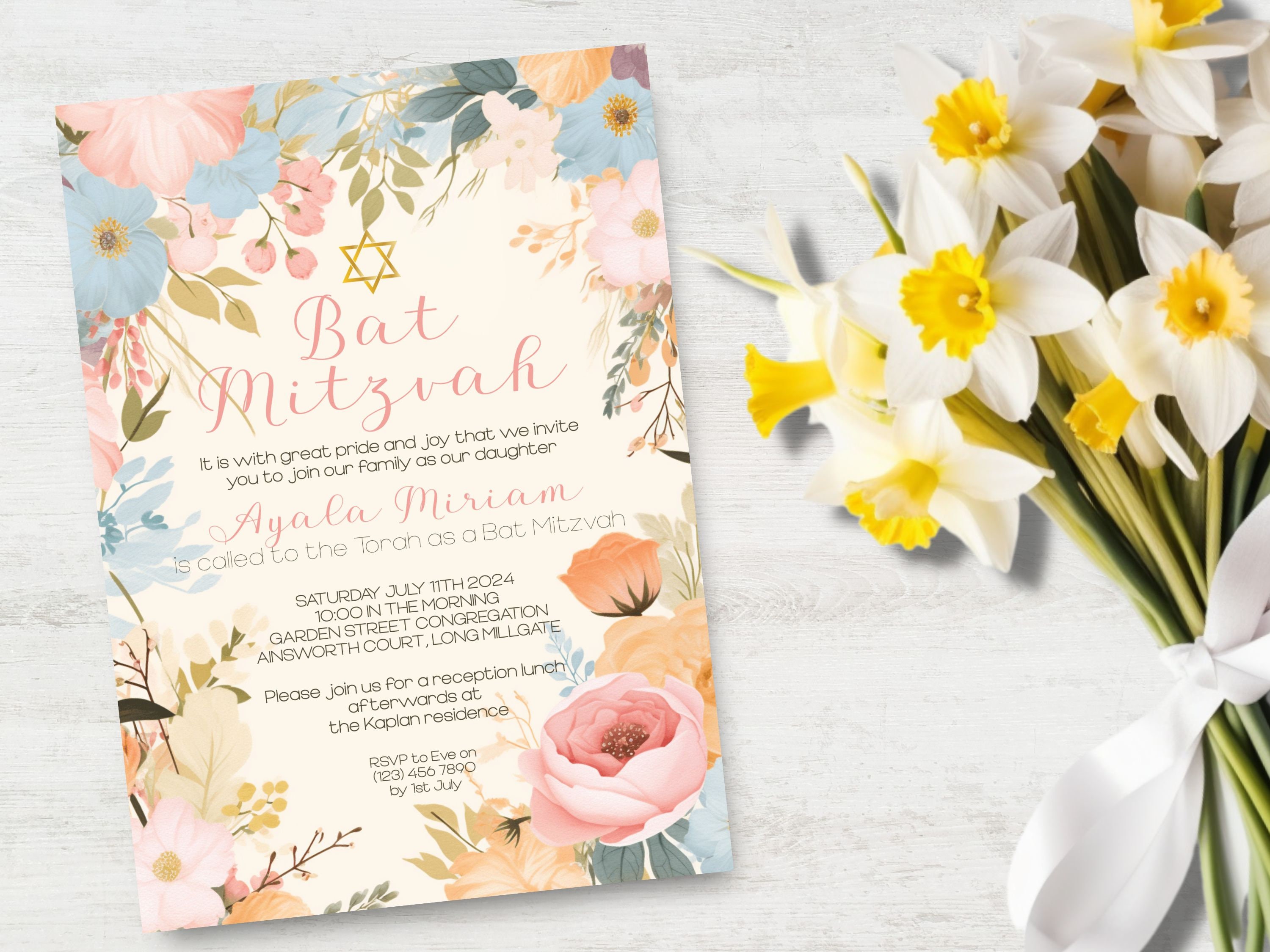 Bat Mitzvah Invitation Bundle, INSTANT DOWNLOAD, Floral Bat Mitzvah ...