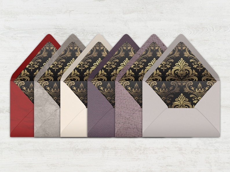 Black & Gold Envelope Liner, INSTANT DOWNLOAD, Canva Template, Damask ...