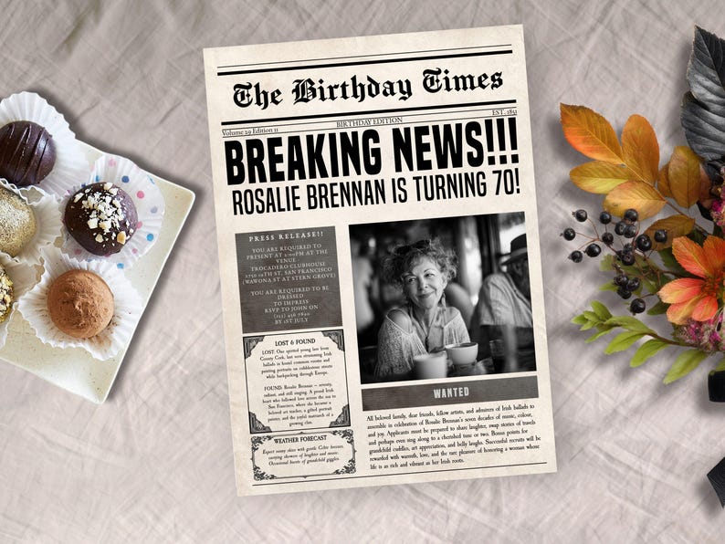 Ladies 70th Birthday Invitation, INSTANT DOWNLOAD, Newspaper Invitation ...