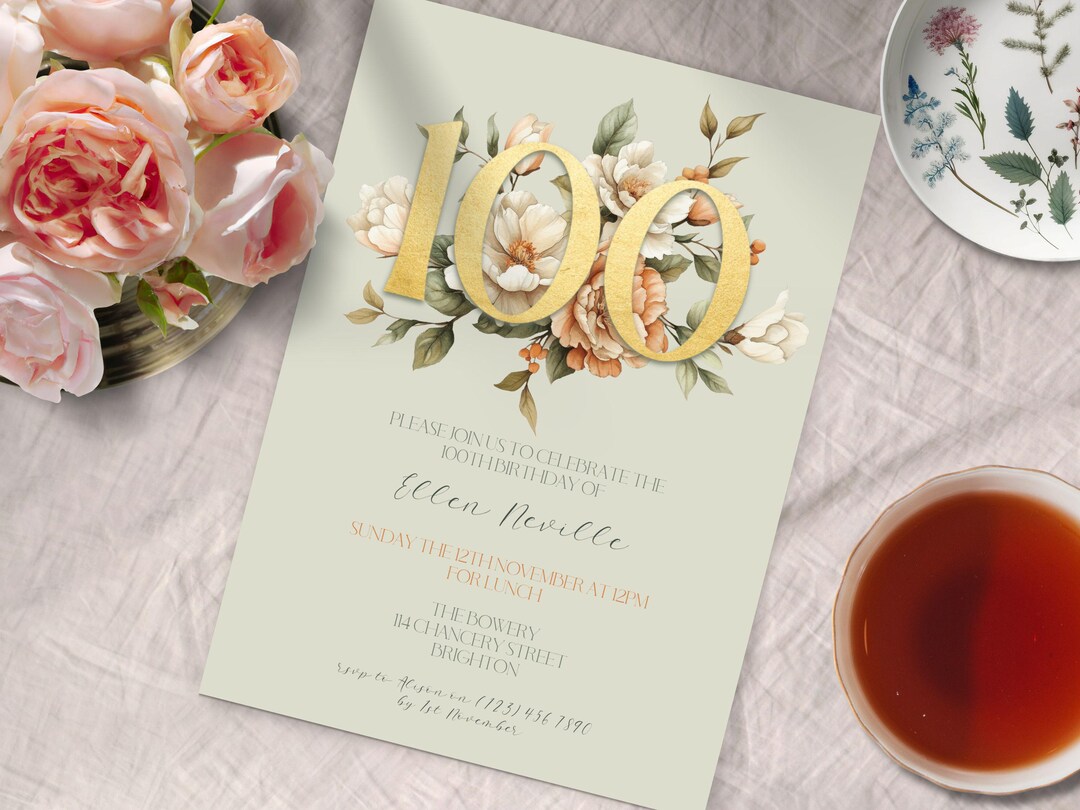 Ladies 100th Birthday Invitation, INSTANT DOWNLOAD, Floral Boho Invite ...