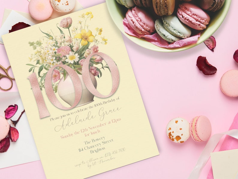 Ladies 100th Birthday Invitation, INSTANT DOWNLOAD, Floral Boho Invite ...