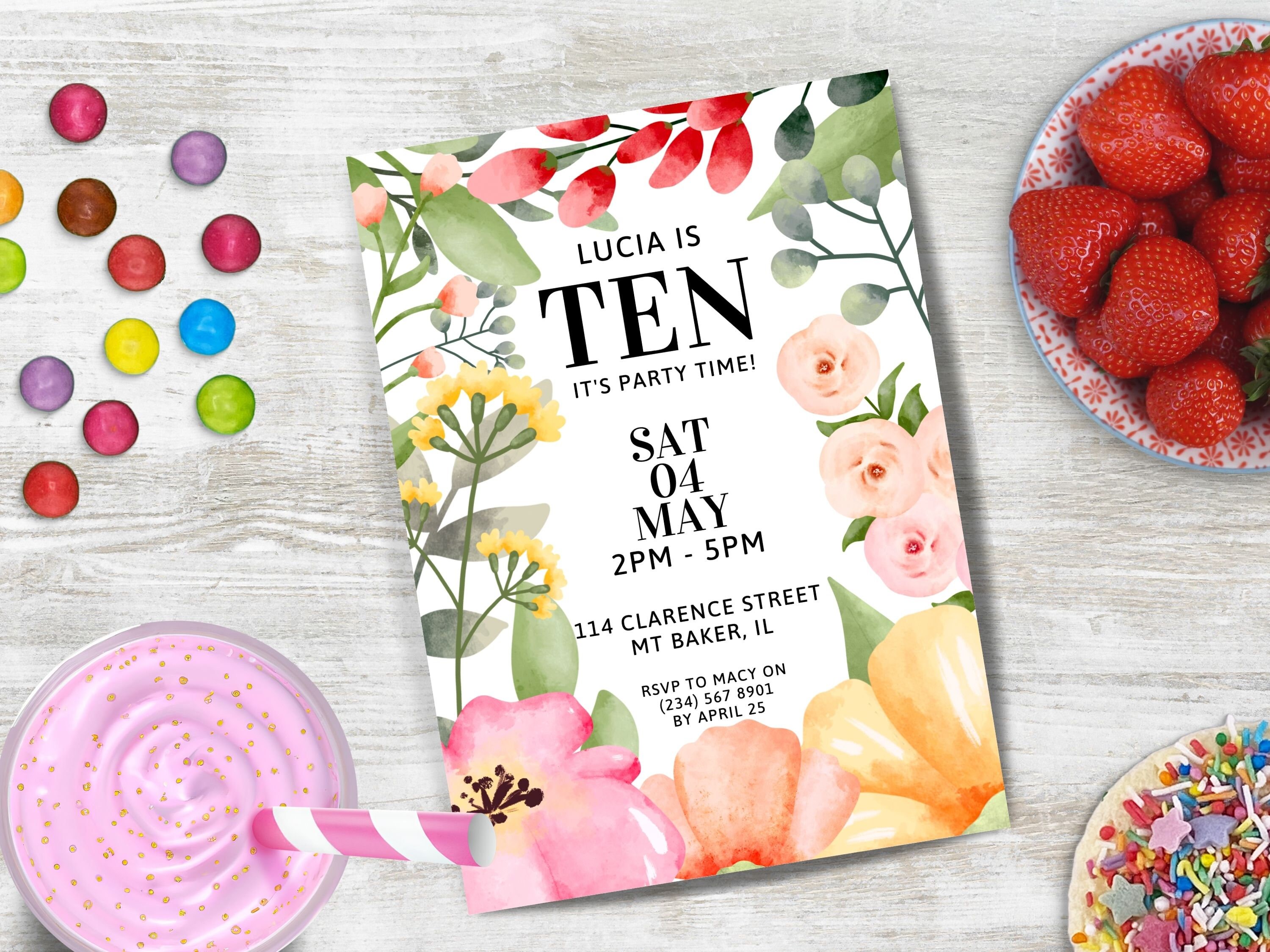 Ten Year Old Girl Invitation Floral Theme INSTANT DOWNLOAD 10th Party ...