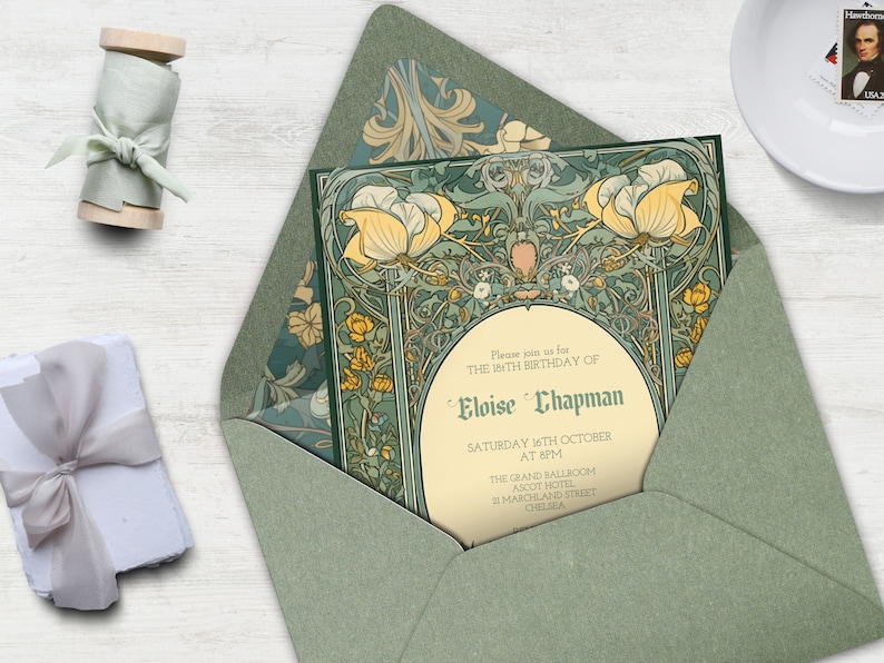 Art Nouveau Envelope Liner, INSTANT DOWNLOAD, Botanical, Envelope Liner ...