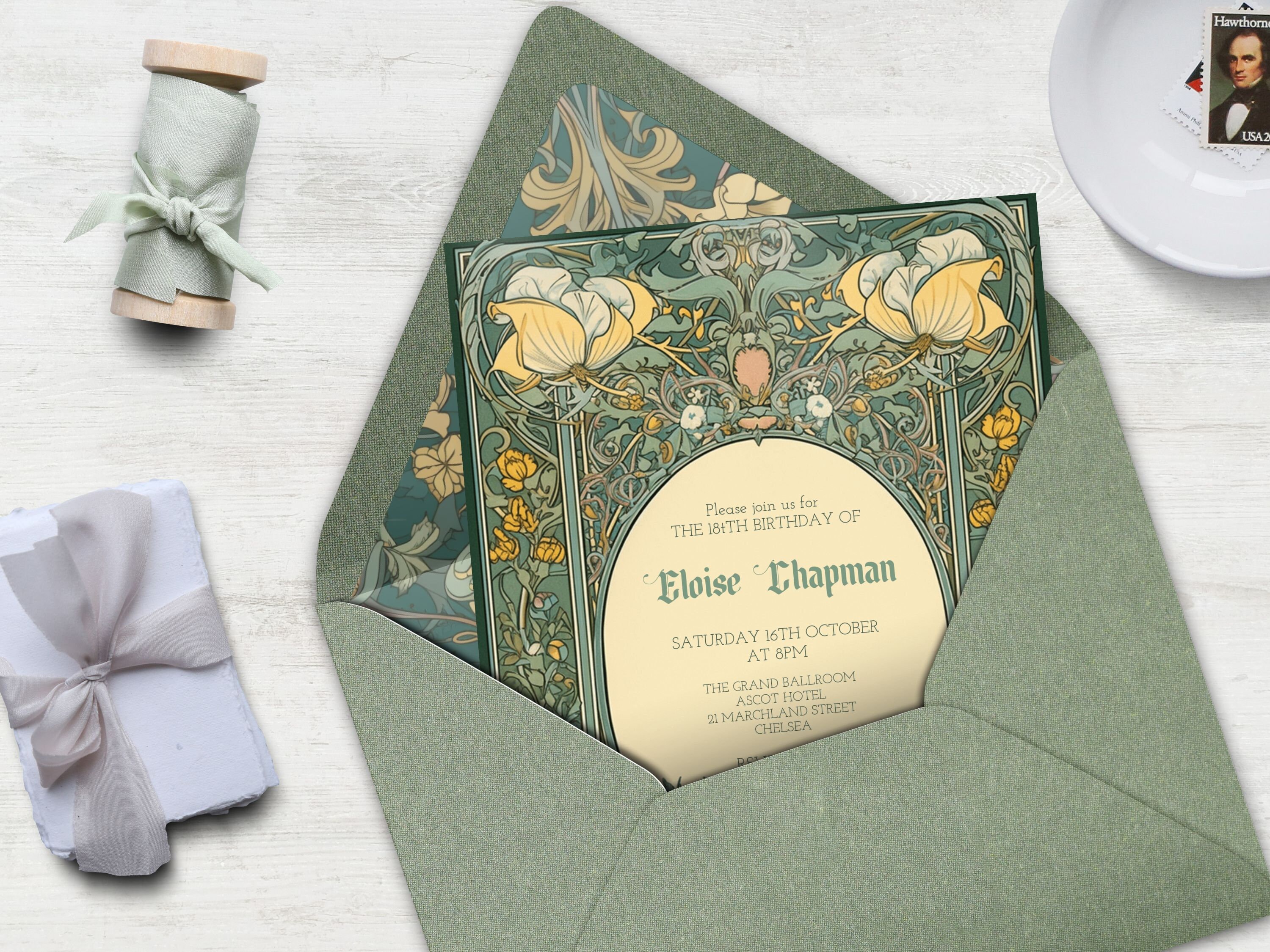 Art Nouveau Envelope Liner, INSTANT DOWNLOAD, Botanical, Envelope Liner ...
