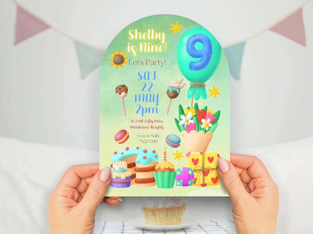 Ninth Birthday Girl Invitation INSTANT DOWNLOAD Cake Candy Hot ...