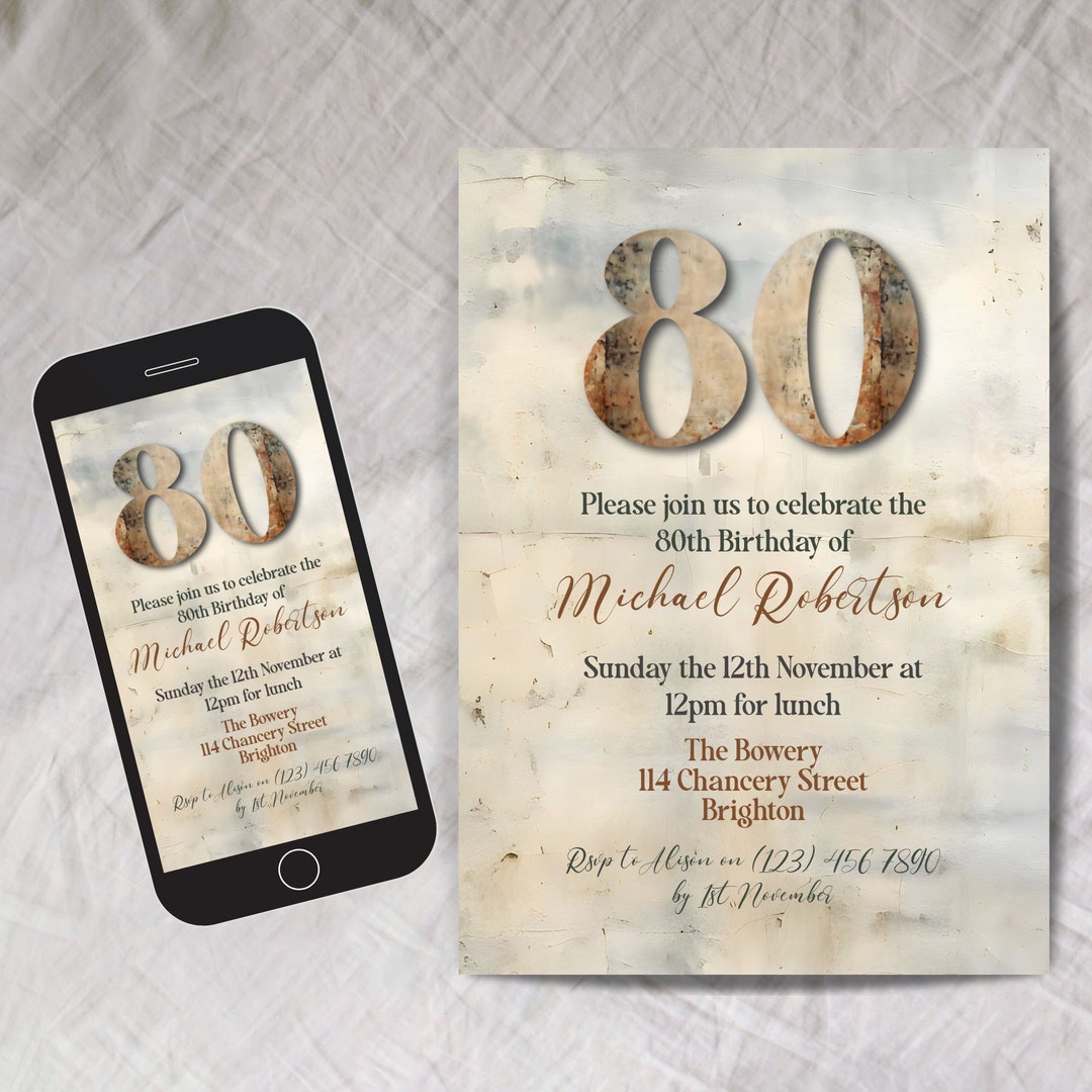 80th Birthday Invite Man, INSTANT DOWNLOAD, 80th Birthday Party ...