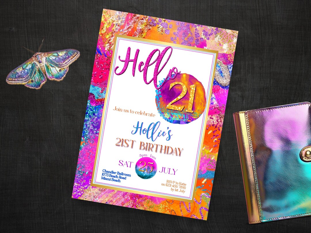 Hello Twenty One Invitation, INSTANT DOWNLOAD, Pink Orange Gold Invite ...