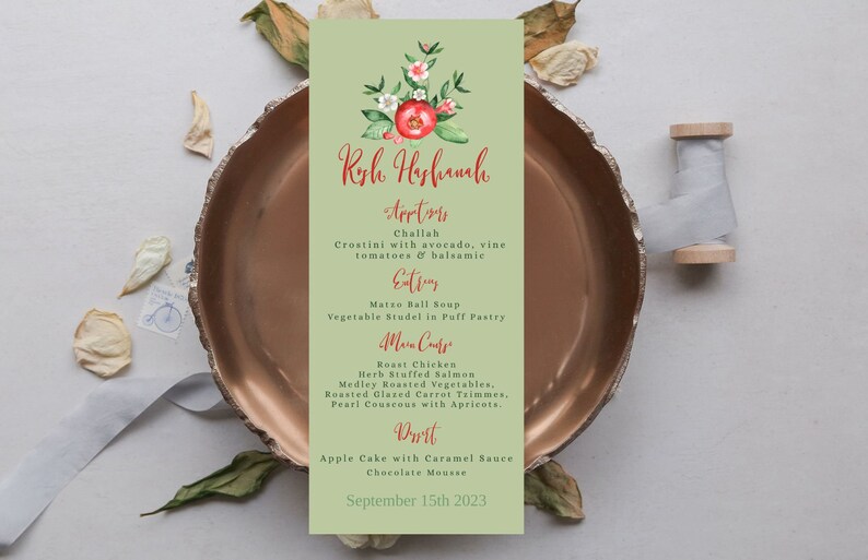 Rosh Hashanah Menu, INSTANT DOWNLOAD, Editable Menu, Shabbat Dinner ...