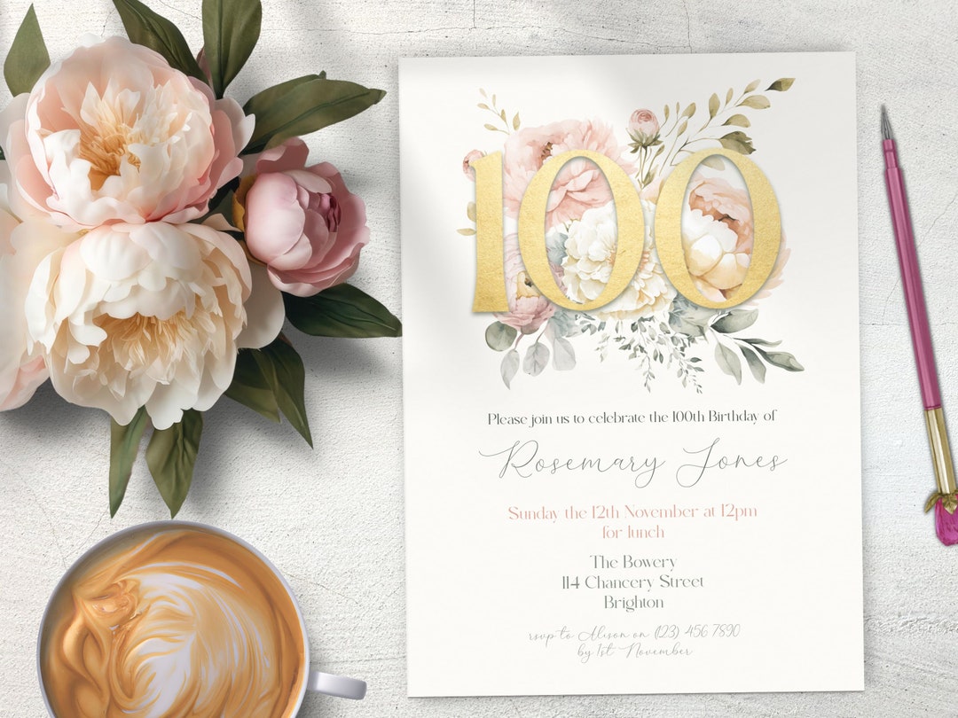 Ladies 100th Birthday Invitation, INSTANT DOWNLOAD, Floral Boho Invite ...