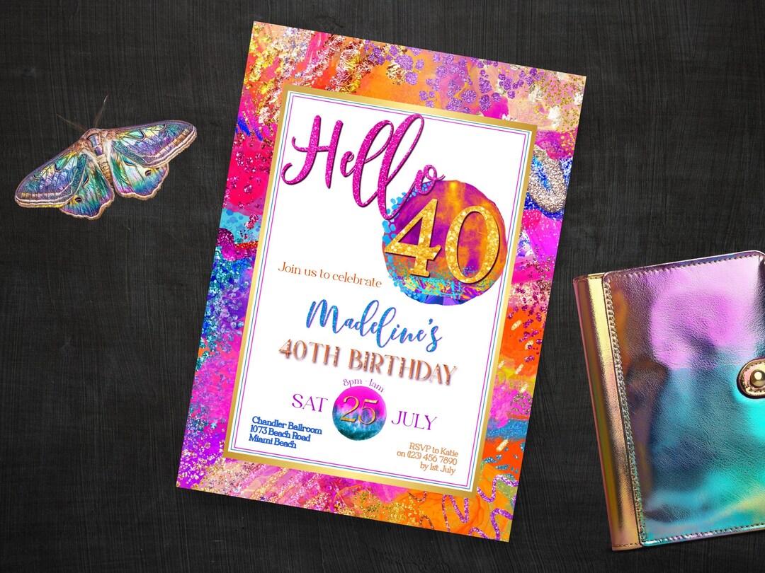 Hello Forty Invitation, INSTANT DOWNLOAD, Pink Orange Gold Blue Purple ...