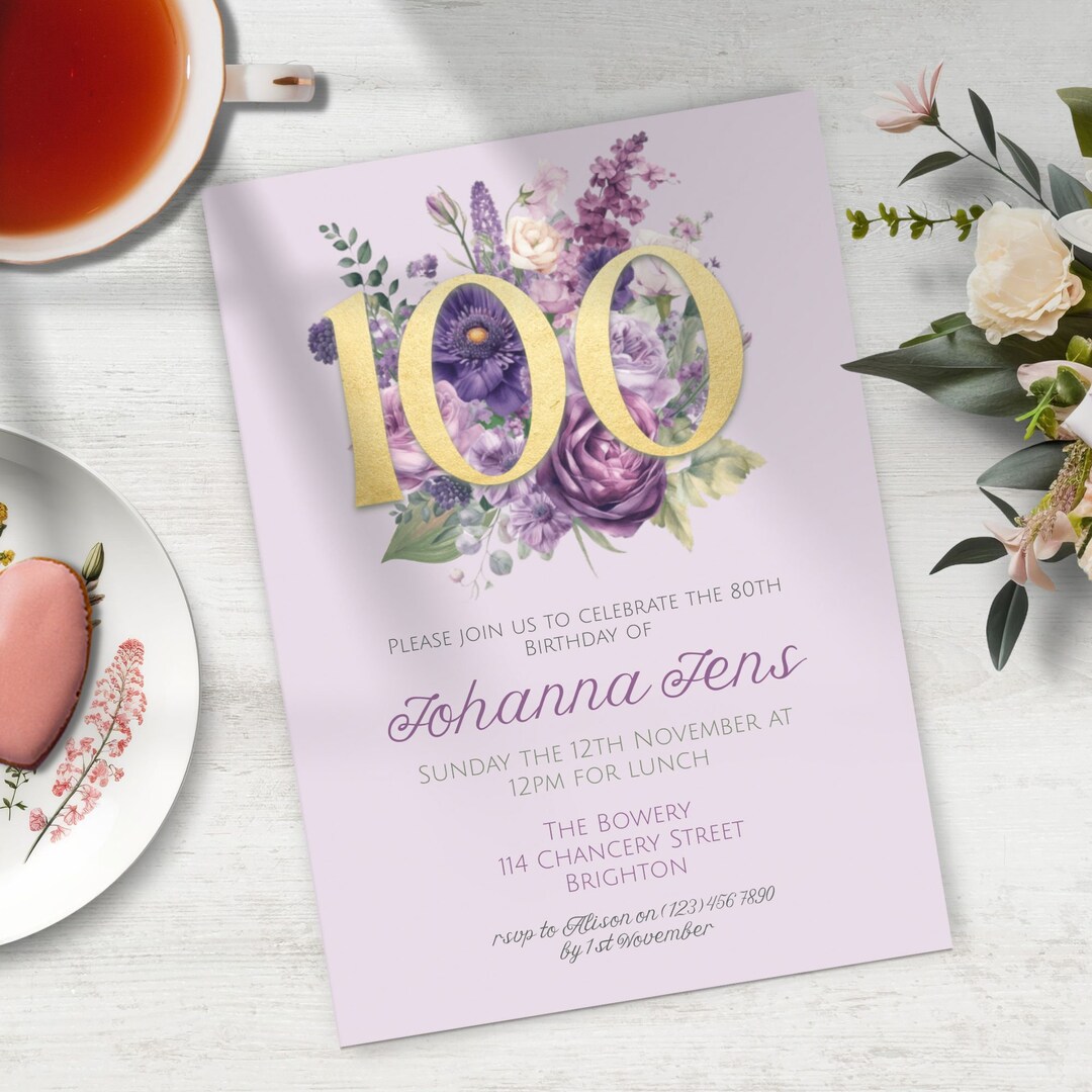 Ladies 100th Birthday Invitation, INSTANT DOWNLOAD, Floral Boho Invite ...
