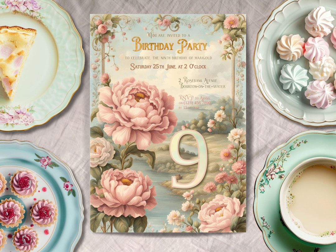 9th Birthday Party Invitation, INSTANT DOWNLOAD, Girl Turning Nine ...