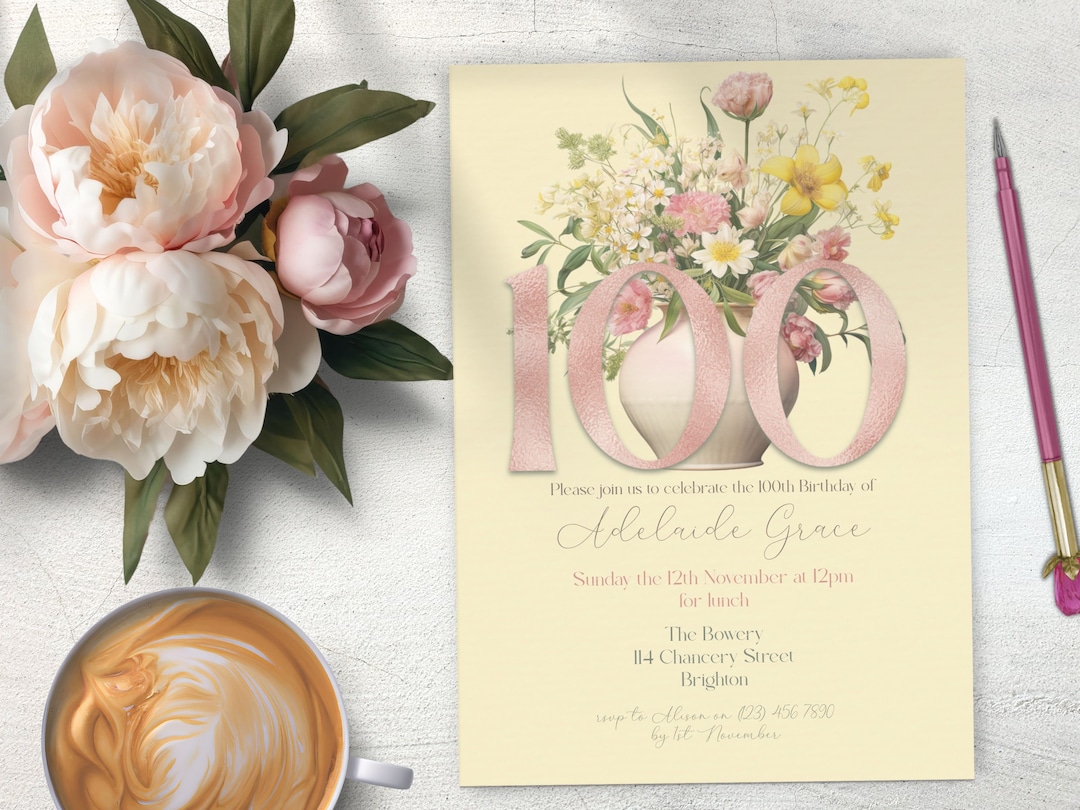 Ladies 100th Birthday Invitation, INSTANT DOWNLOAD, Floral Boho Invite ...