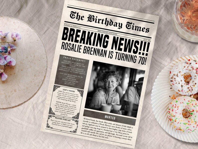 Ladies 70th Birthday Invitation, INSTANT DOWNLOAD, Newspaper Invitation ...