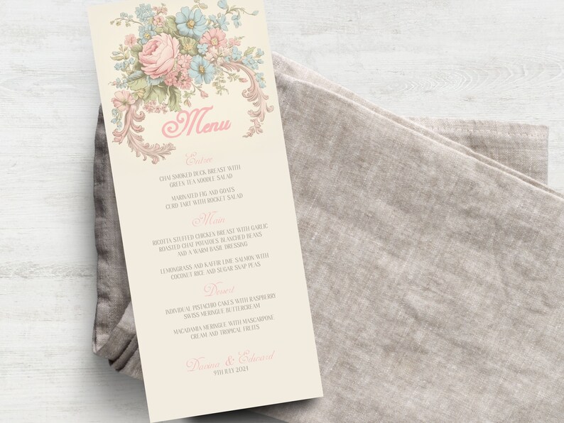 Victorian Wedding Menu, INSTANT DOWNLOAD, Vintage Floral Name Card ...