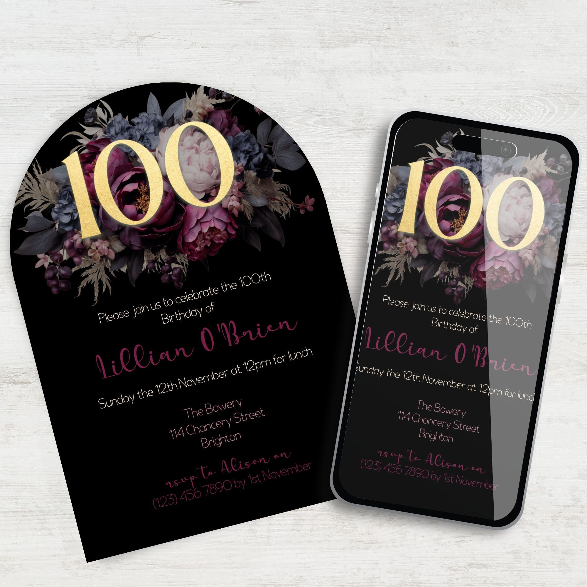 Ladies 100th Birthday Invitation, INSTANT DOWNLOAD, Moody Floral Invite ...