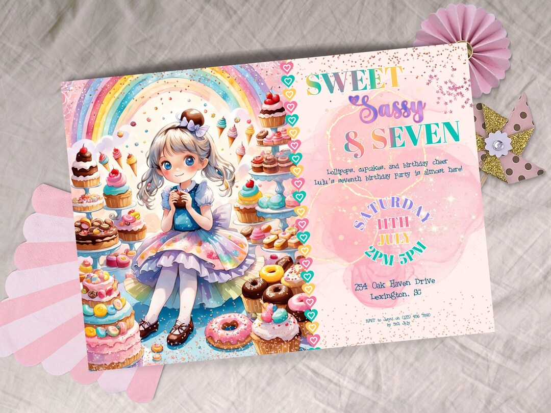 Sweet Sassy and Seven Birthday Party Invitation, INSTANT DOWNLOAD, Girl ...