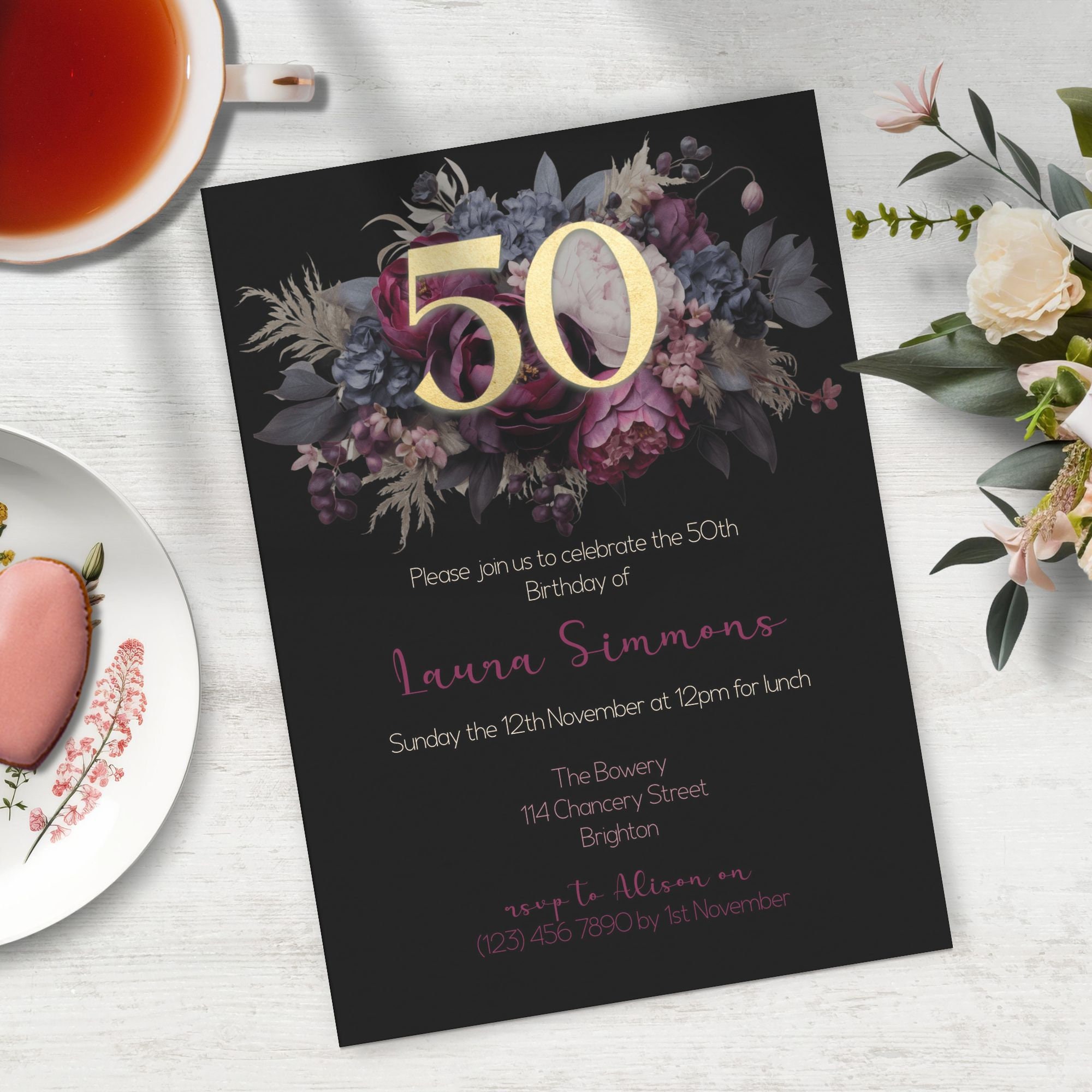Ladies 50th Birthday Invitation, INSTANT DOWNLOAD, Moody Floral Invite ...