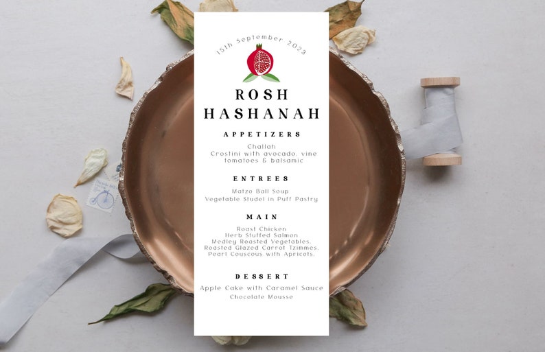 Rosh Hashanah Menu, INSTANT DOWNLOAD, Editable Menu, Shabbat Dinner ...