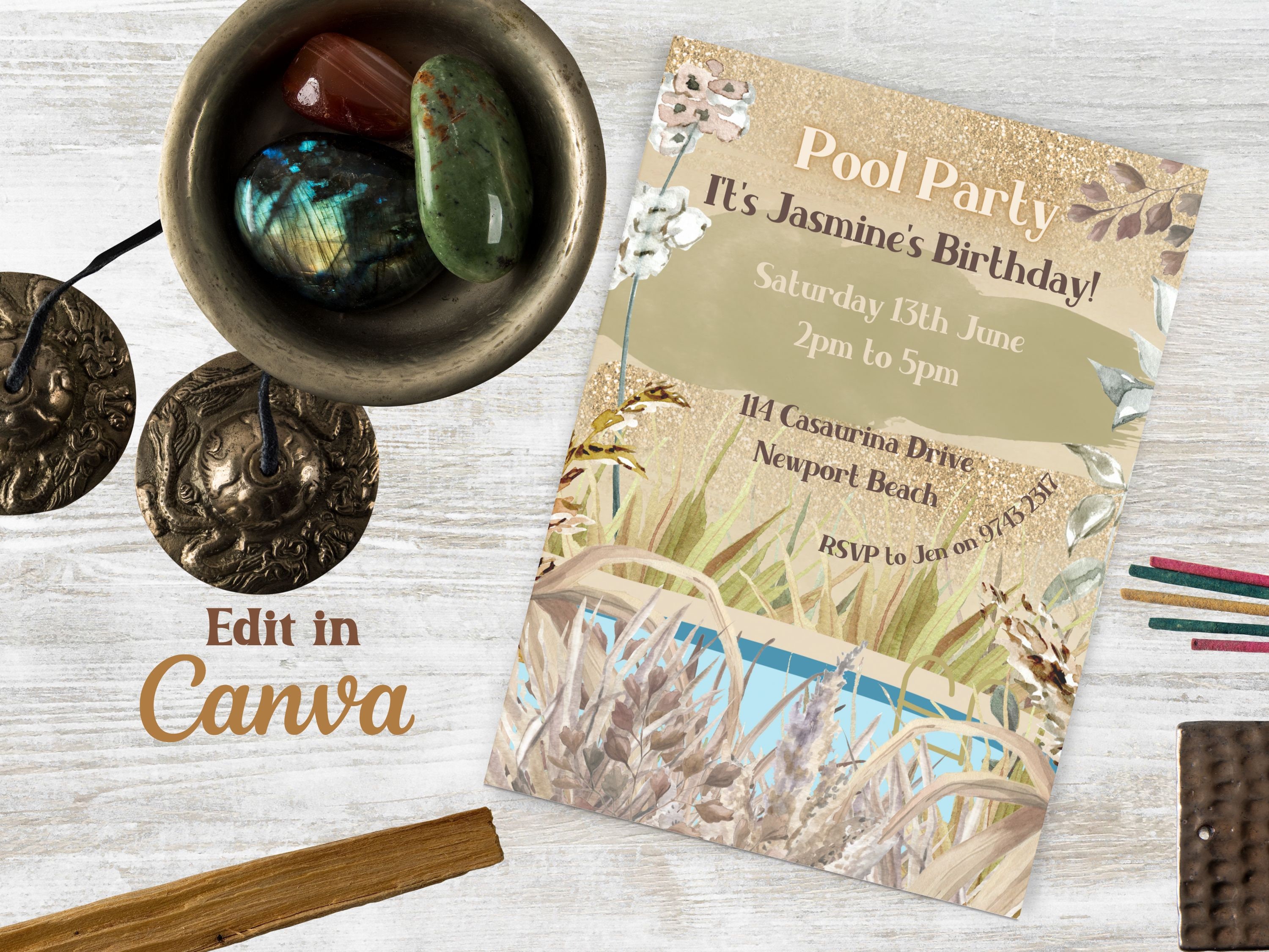 Boho Pool Party Invitation INSTANT DOWNLOAD Edit in Canva Bohemian ...