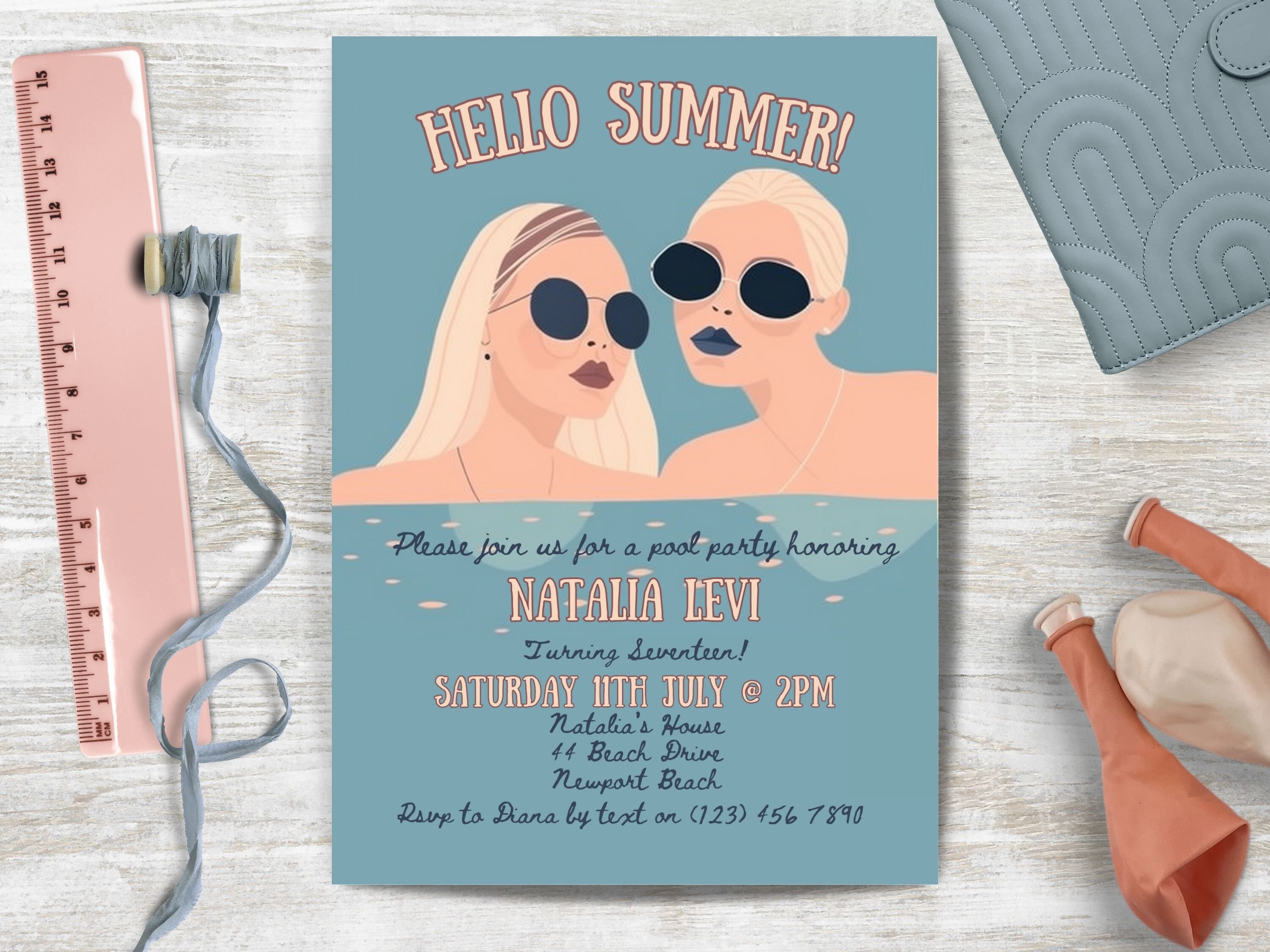 Pool Party Invite, INSTANT DOWNLOAD, Modern, Minimal, Girl's 17th ...