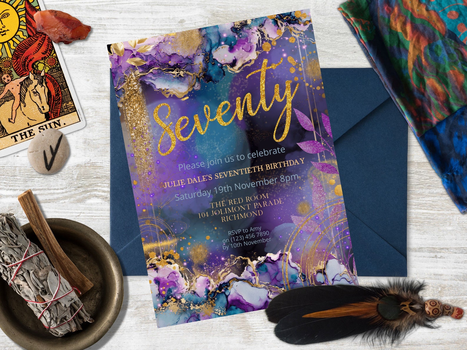 70th Birthday Party Invitation, INSTANT DOWNLOAD, Purple, Teal, Gold ...