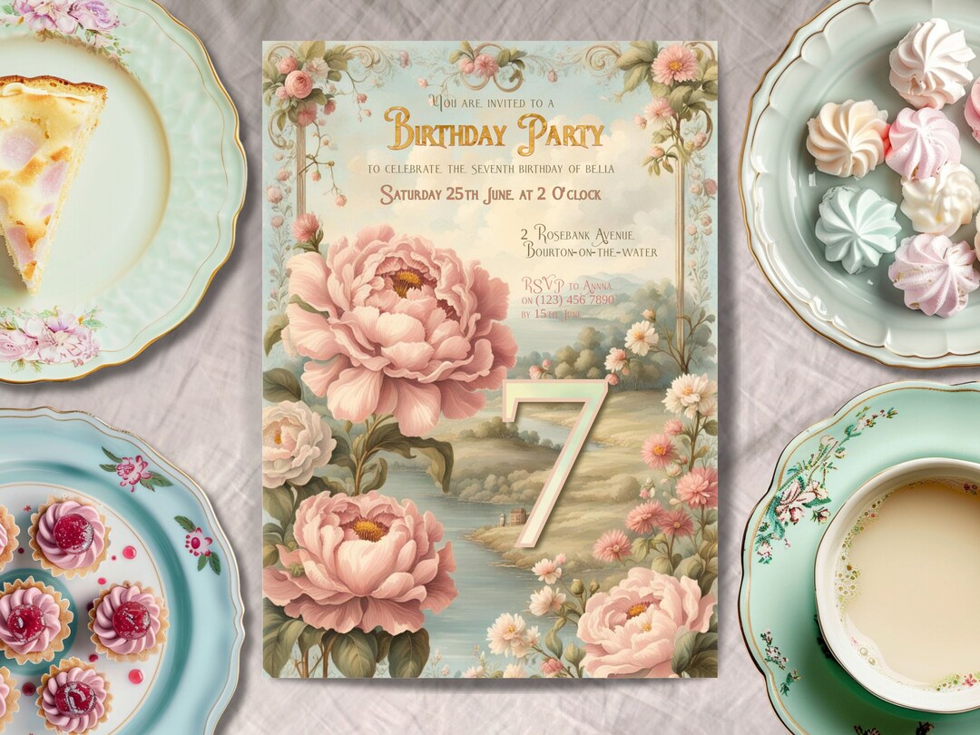 7th Birthday Party Invitation, INSTANT DOWNLOAD, Girl Turning Seven ...