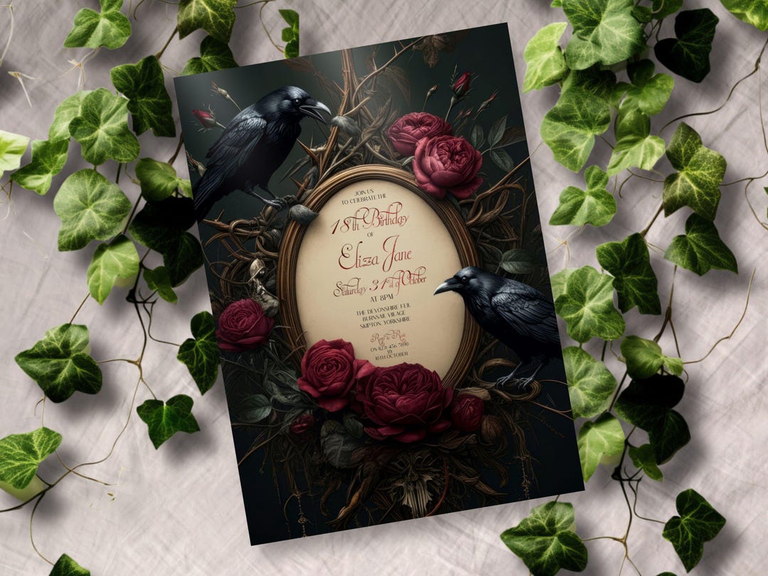Gothic 18th Birthday Invite, INSTANT DOWNLOAD, Goth Invitation, Ravens, Roses, Thorns, Black ...
